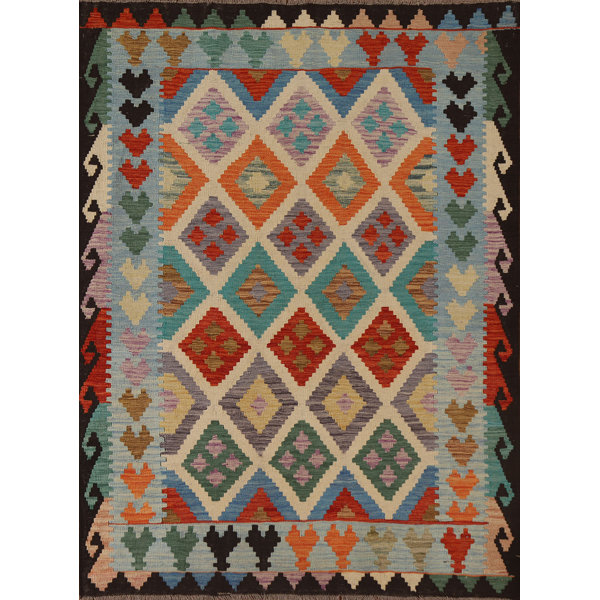 Rug Source Outlet Tapis géométrique en laine tissé à plat à la main à motif rectangulaire 5 pi x ...